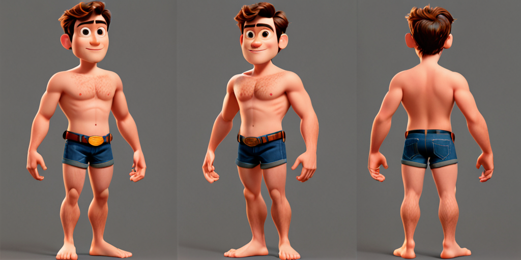 3d character in the art of pixar full body view front angle and side angle