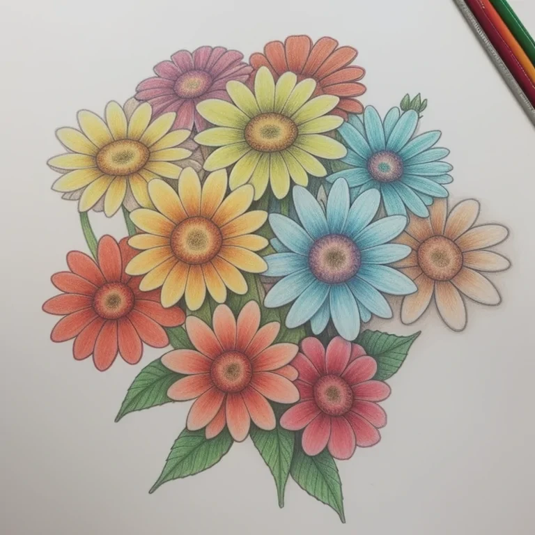 A Vibrant Bouquet of Colored Flowers with Bright Petals and Green Leaves.