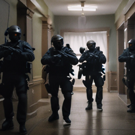A long cinematic shot of a swat team, one in a third person camera ...