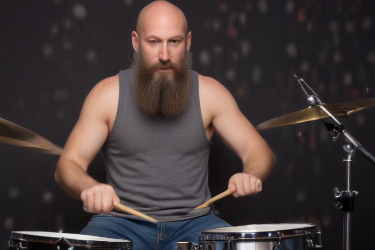 Bald guy with long beard, playing eletric drums