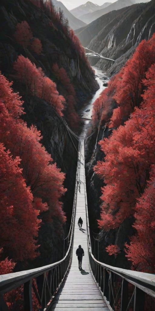 Serene Bridge Crossing Through Vibrant Red Trees in Autumn Landscape