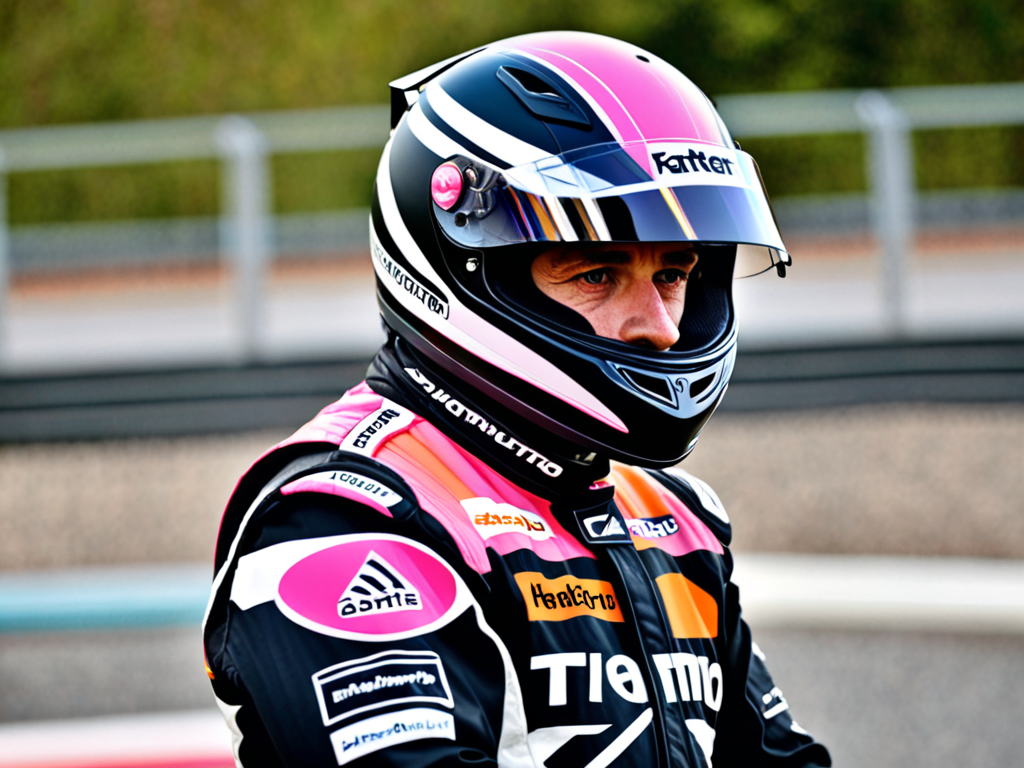 karter in black white and pink race suit and orange helmet