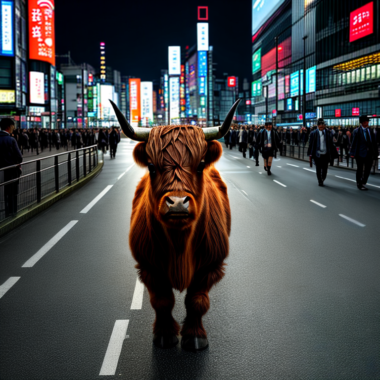 Highland cow walking in Tokyo at night