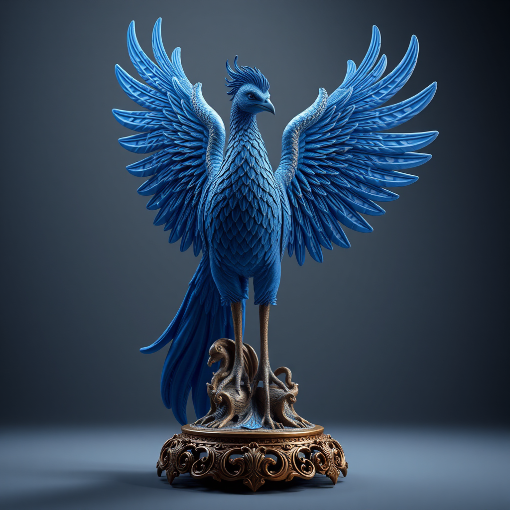 A Majestic Blue Phoenix Statue with Intricate Feather Details and Base.