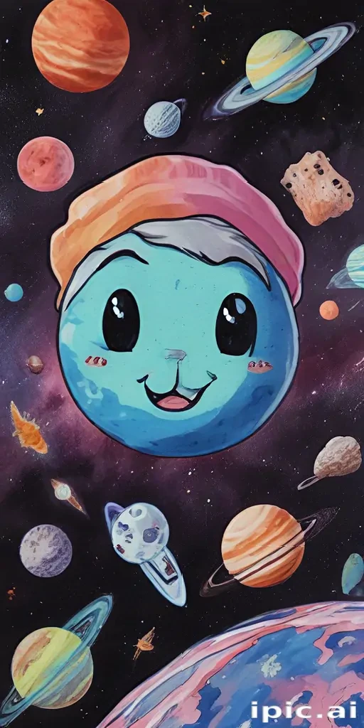 Playful Cartoon Planet Character Surrounded by Colorful Cosmic Planets ...