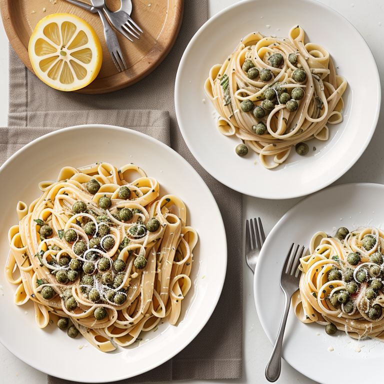 Delicious Plate of Pasta with Capers and Fresh Lemon Slices on Side