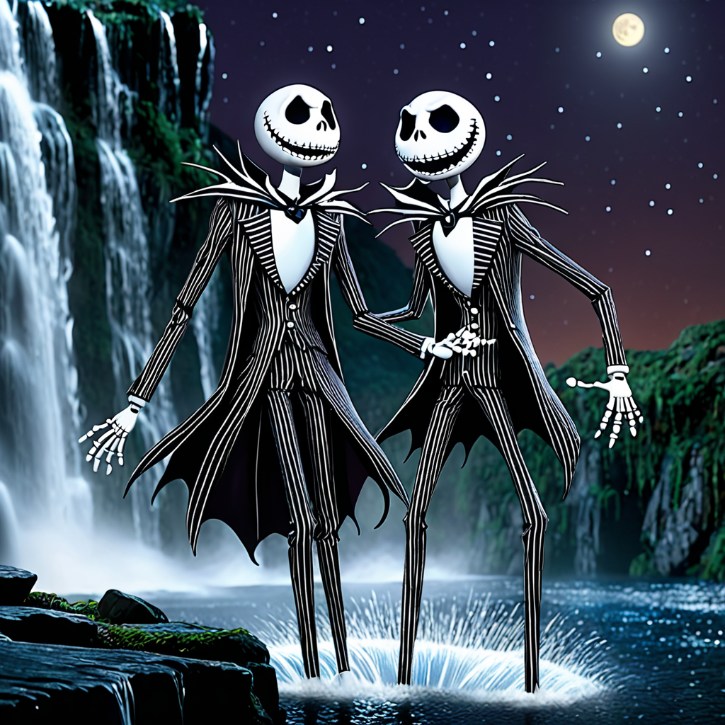 jack skellington and sally sailing over a waterfall at night and laughing