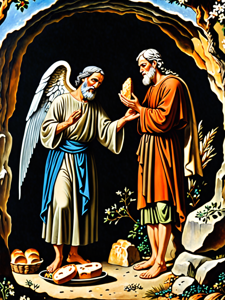 Prophet Elijah in the cave receiving bread and water from an angel