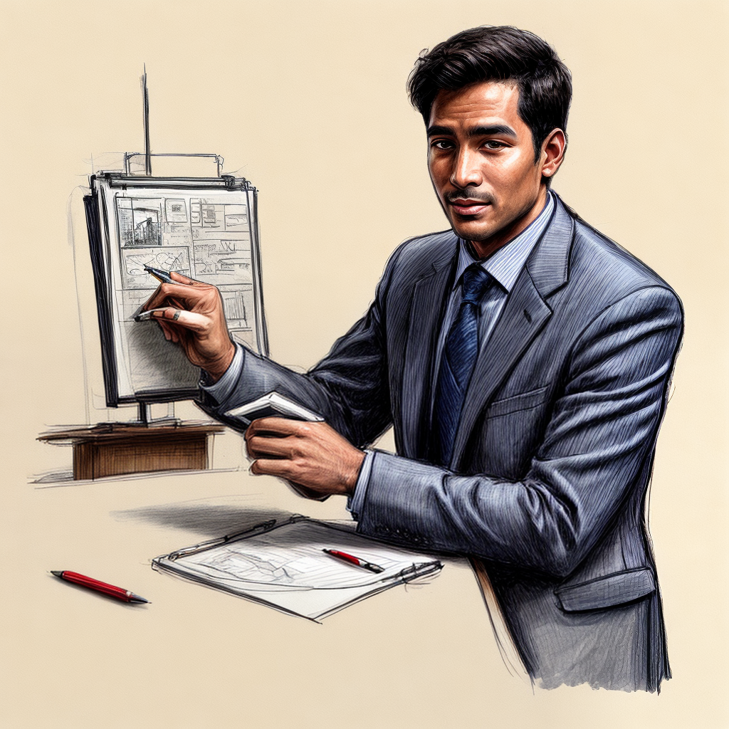 light brown man showing a sketch in his sketchbook