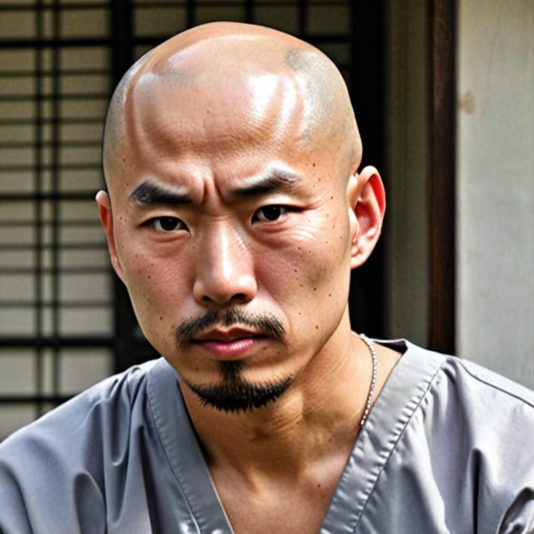 completely bald Japanese male with a shiny bald head