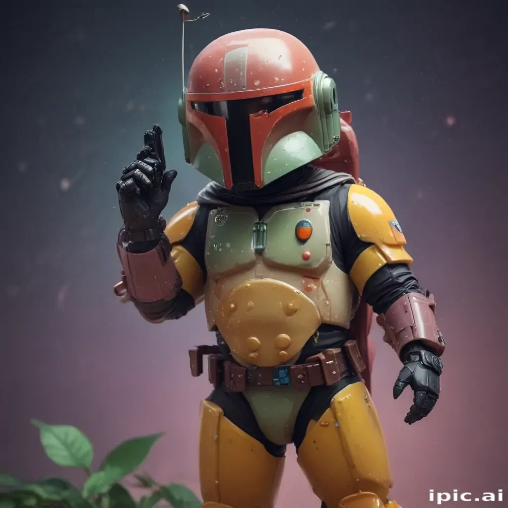 Iconic Bounty Hunter Boba Fett Posing with a Playful Gesture