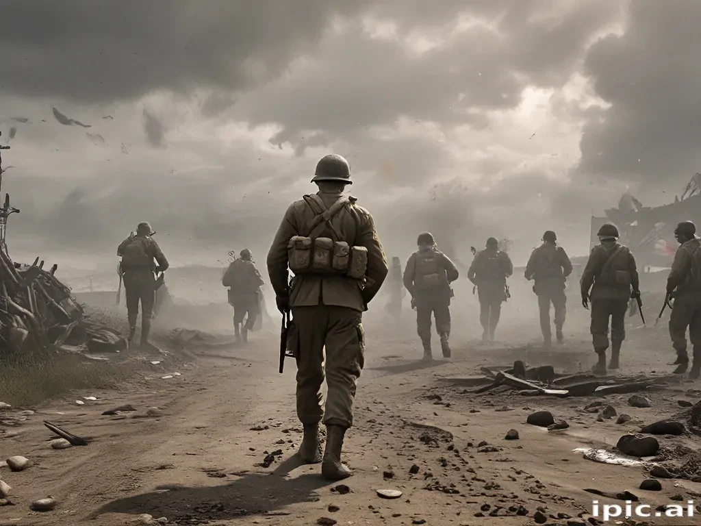 Soldiers Marching Through a Devastated Battlefield Under a Dramatic Sky