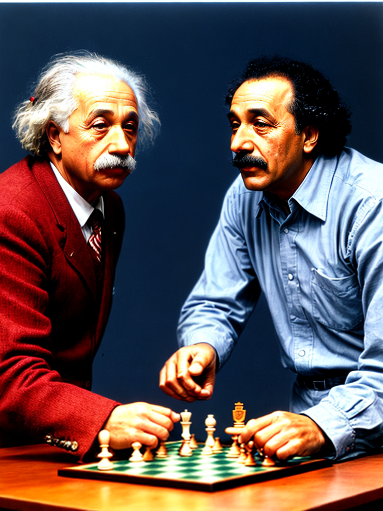 Einstein and lama Rhoades playing chess