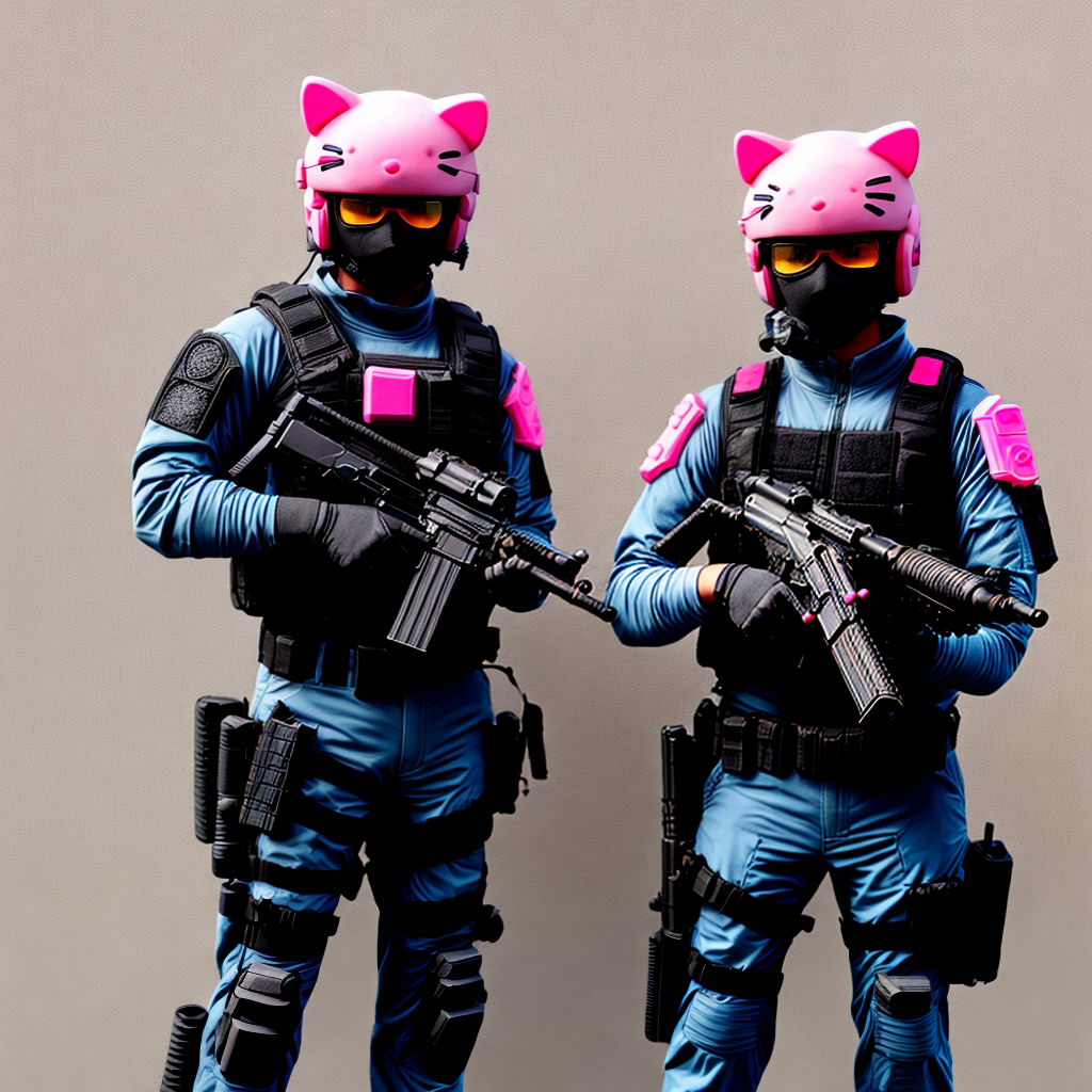 2 Tactical Hello Kitty Cat in pink SWAT suit Standing and holding gun ...