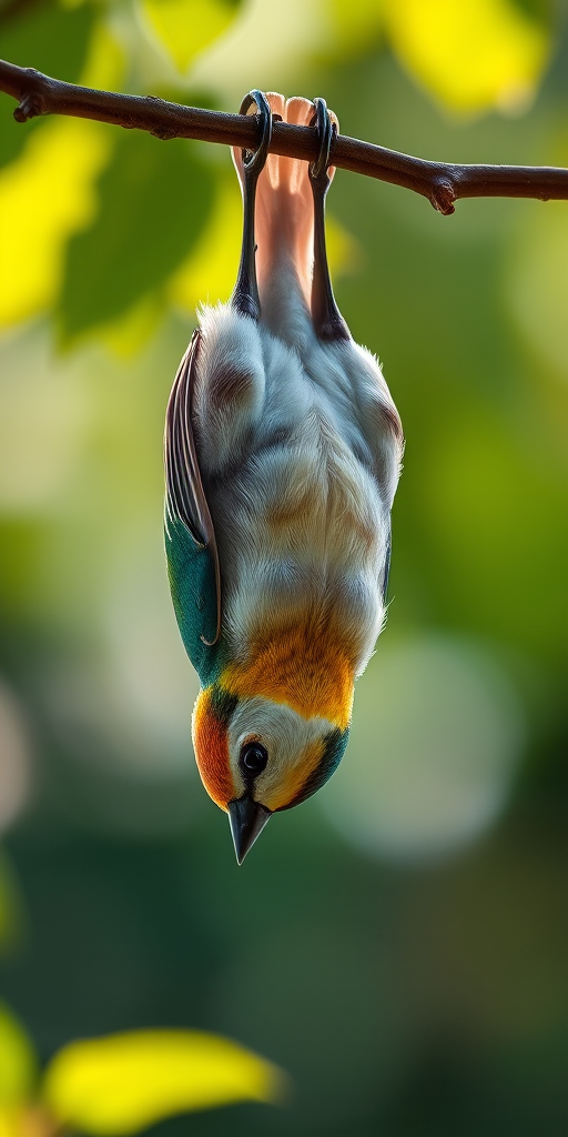 A Colorful Bird Hanging Upside Down from a Branch in Nature.