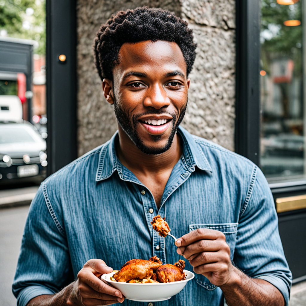 A black man eating chicken