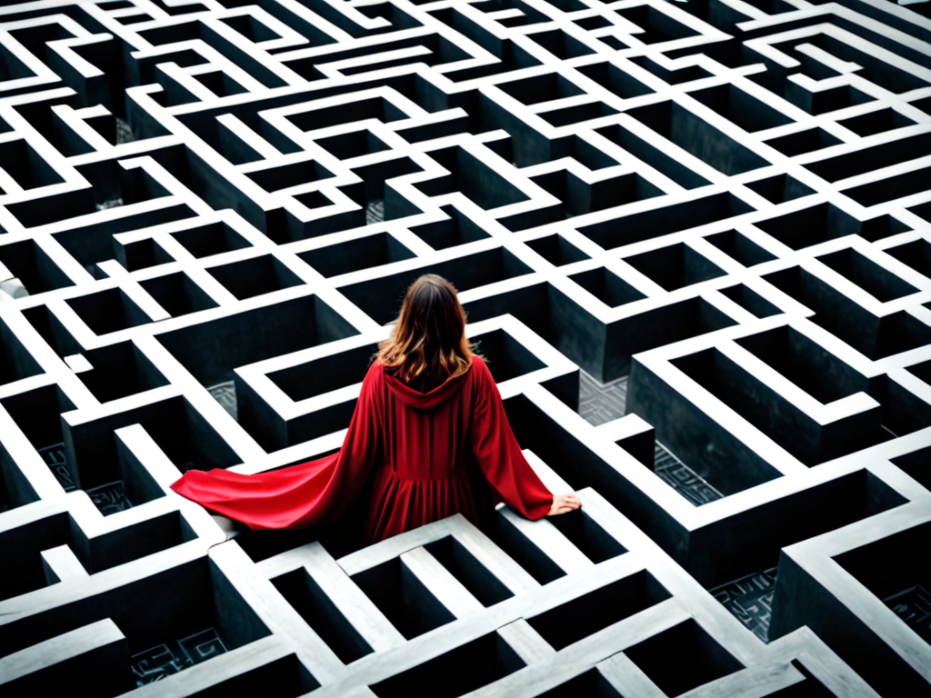 A woman lost in a big long maze in a storm.
