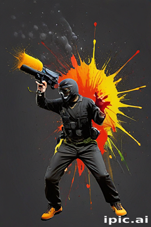 Dynamic Action Scene Featuring a Gun-Wielding Character Amidst Colorful ...