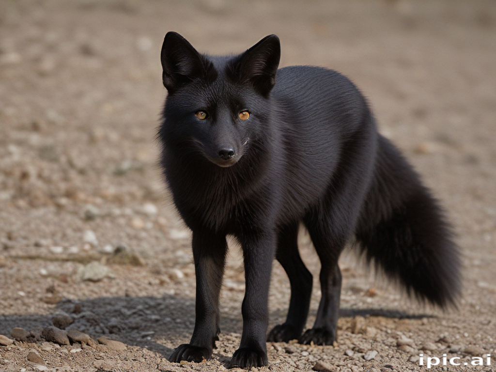 A Majestic Black Fox Standing Gracefully on a Dusty Terrain.