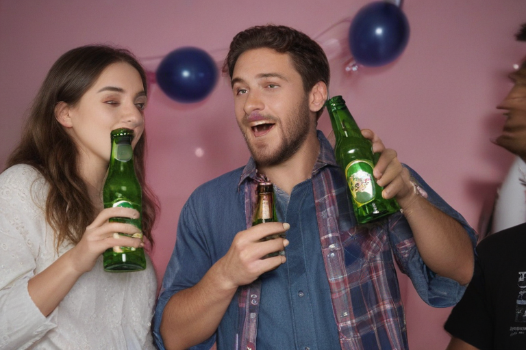 Three friends vibing at a party with beer bottle in their hand