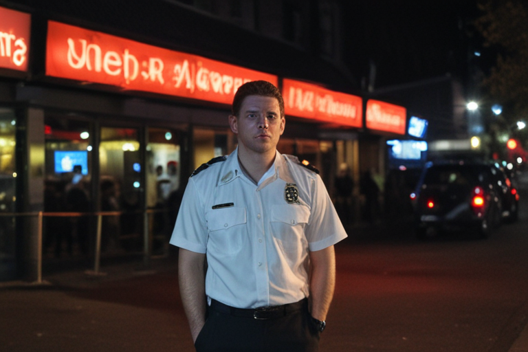 a scared white security guard standing outside a nightclub in the dark
