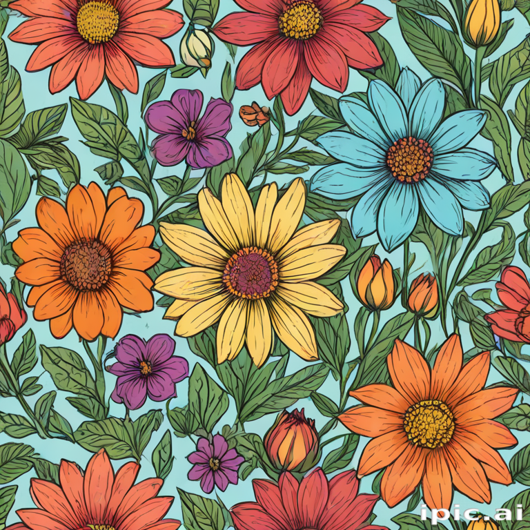 Colorful Floral Pattern Featuring Vibrant Flowers Against a Soft Blue ...