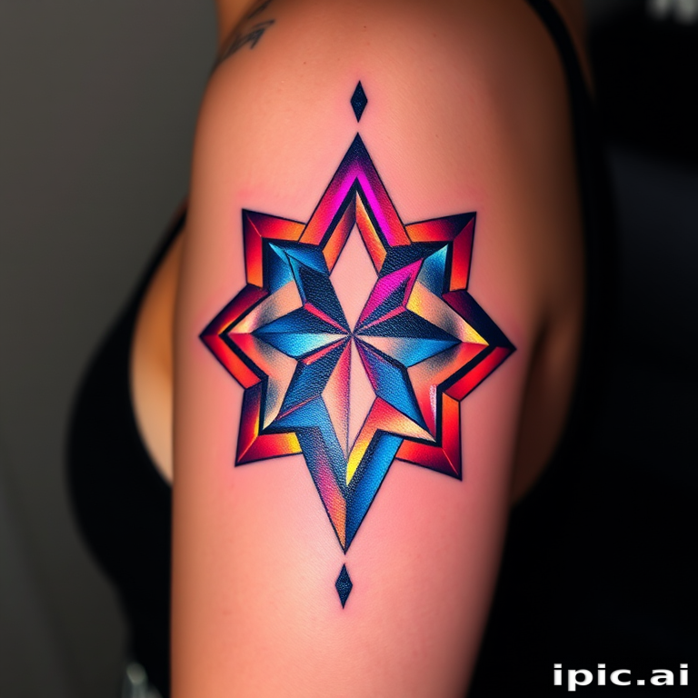 Vibrant Geometric Star Tattoo Design with Colorful Patterns on Arm