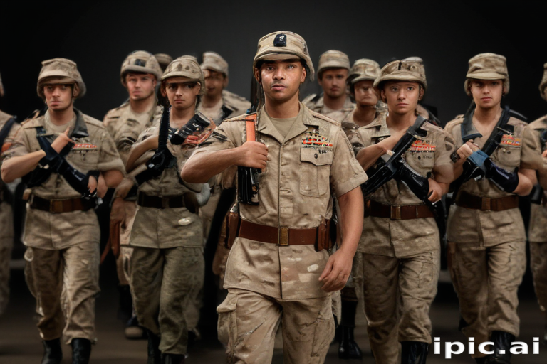 Marching Soldiers in Uniform Displaying Unity and Strength in Formation