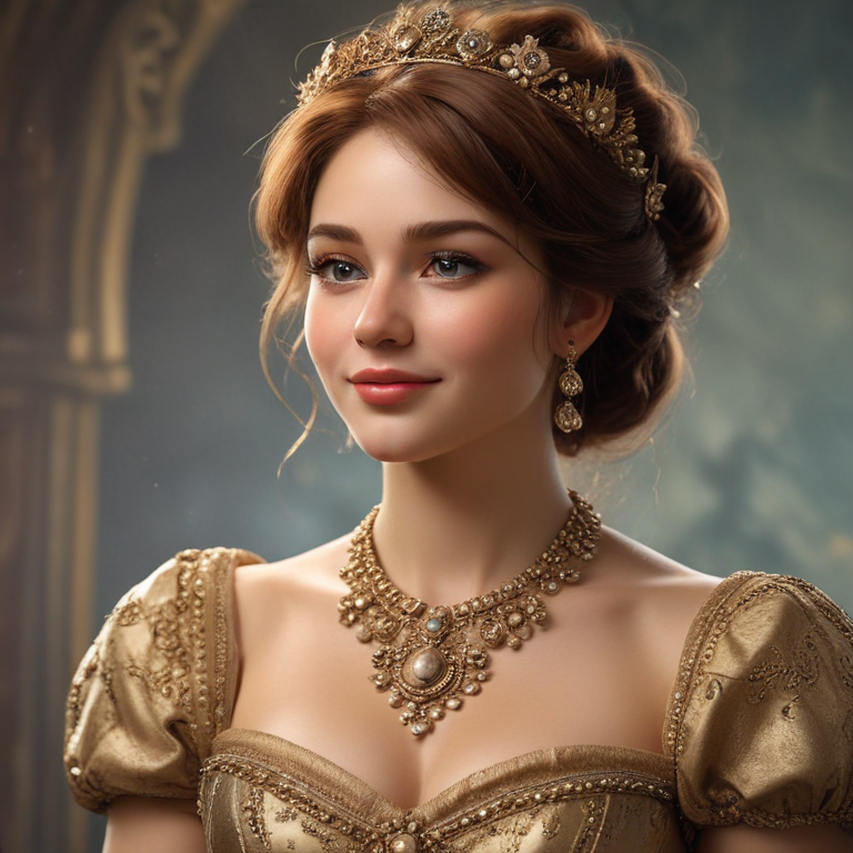 Portrait of a Regal Young Woman in Opulent Golden Attire and Jewelry