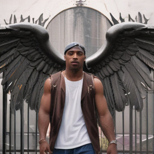 Tupac Shakur standing in front of the gates of heaven with angel wings