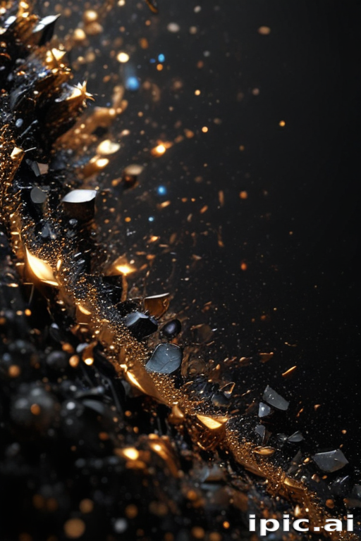 Dynamic Explosion of Shimmering Black and Gold Crystals in Motion