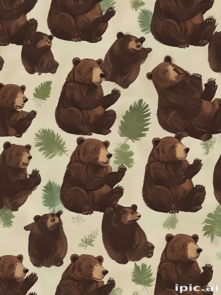 A Charming Pattern Featuring Playful Bears Surrounded by Lush Green Leaves.