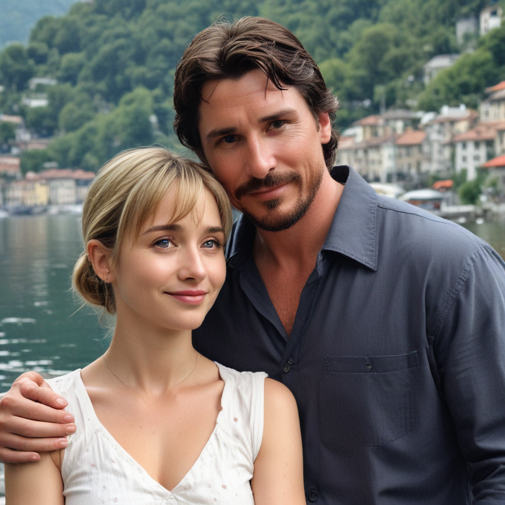 Christian bale as bruce wayne and allison mack together, at Lake Como