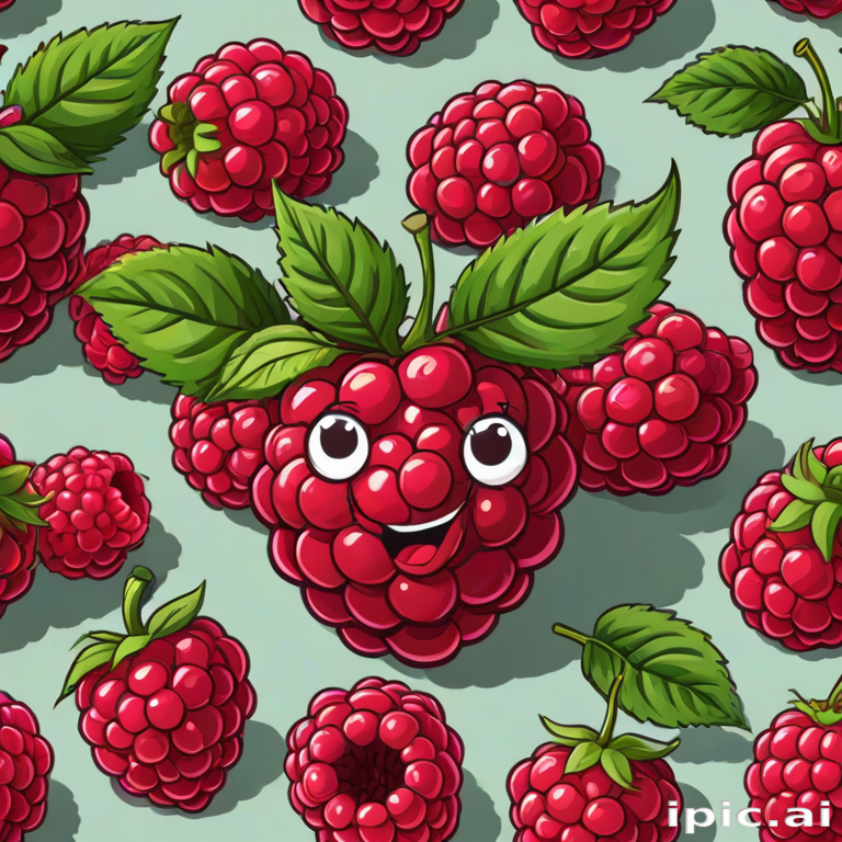 Cheerful Cartoon Raspberries with Faces and Green Leaves on Light ...