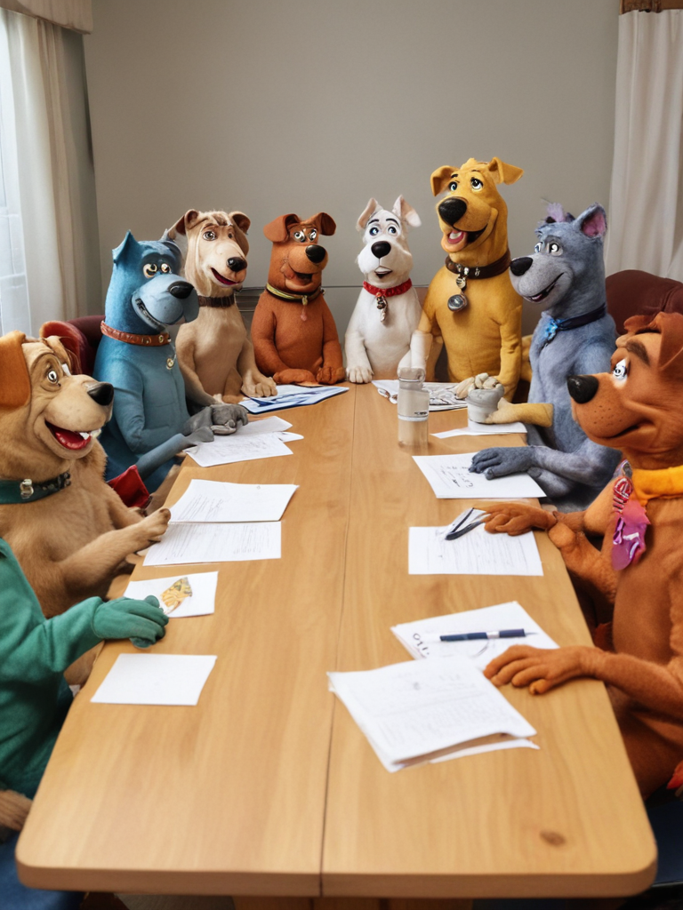 Board meeting with cartoon characters Muttley, Precious Pooch, Blue, Pa ...