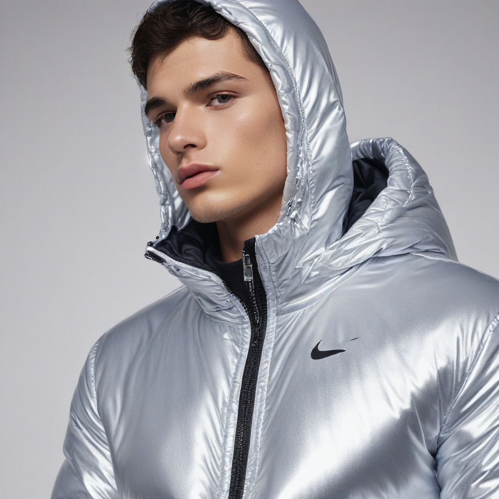 Male supermodel nike shiny puffer jacket bling jewellery hood