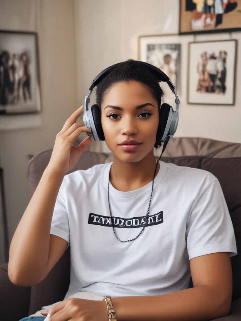 person listening to music with headphones on, in the background, the ...