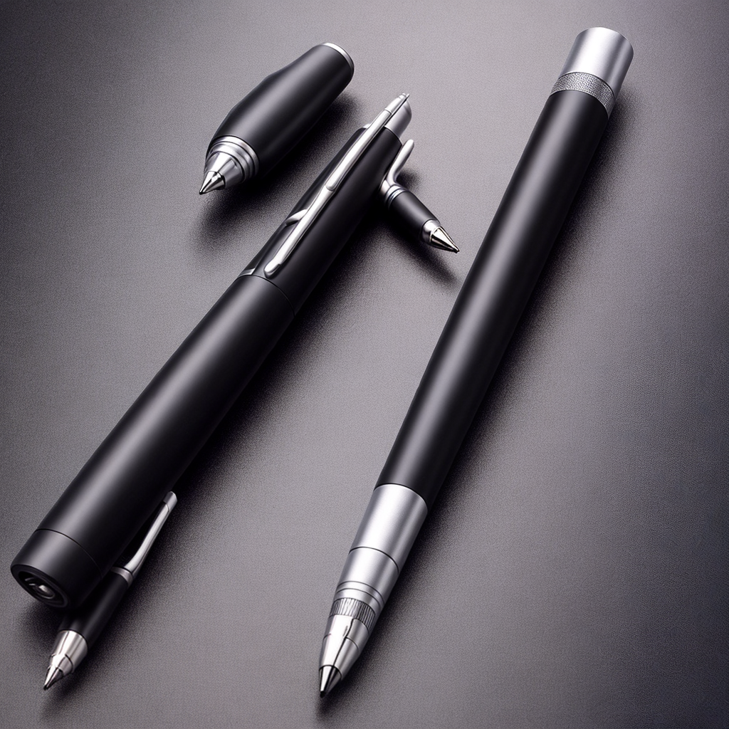 Generate me a design of an intelligent pen in black. This pen has a ...