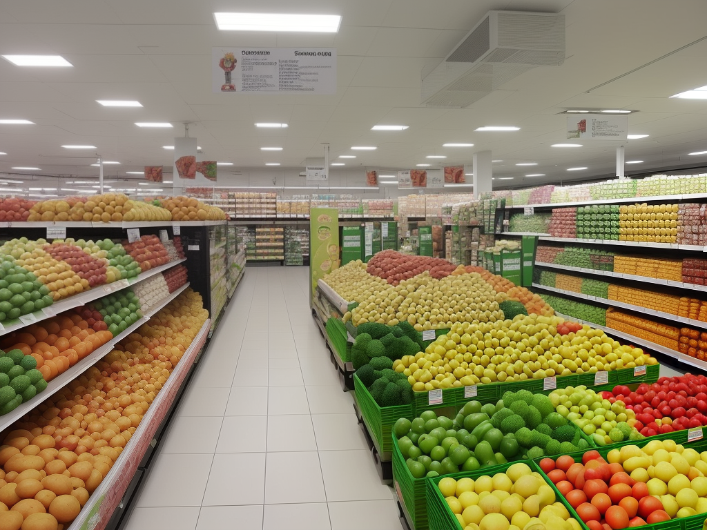 Vibrant Supermarket Aisle Filled with Fresh Fruits and Vegetables Display