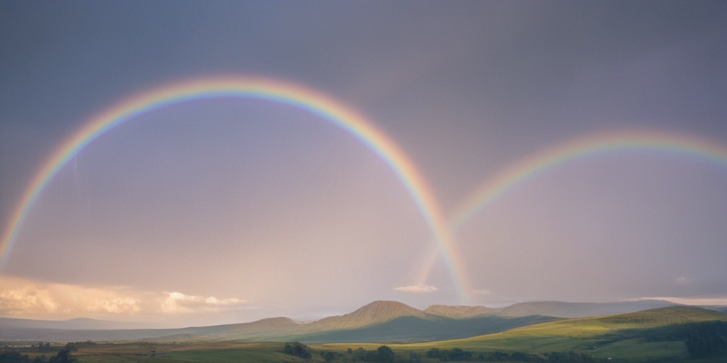 Stunning Double Rainbow Arcing Over Lush Green Hills and Dramatic Sky