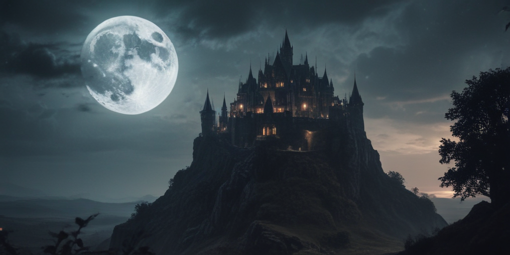 carian knight moongrum from elden ring, full moon gloomy night sky, castle