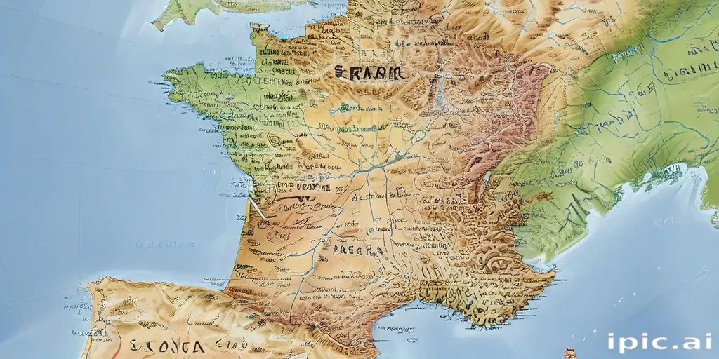 Detailed Topographical Map of France Highlighting Geographic Features ...