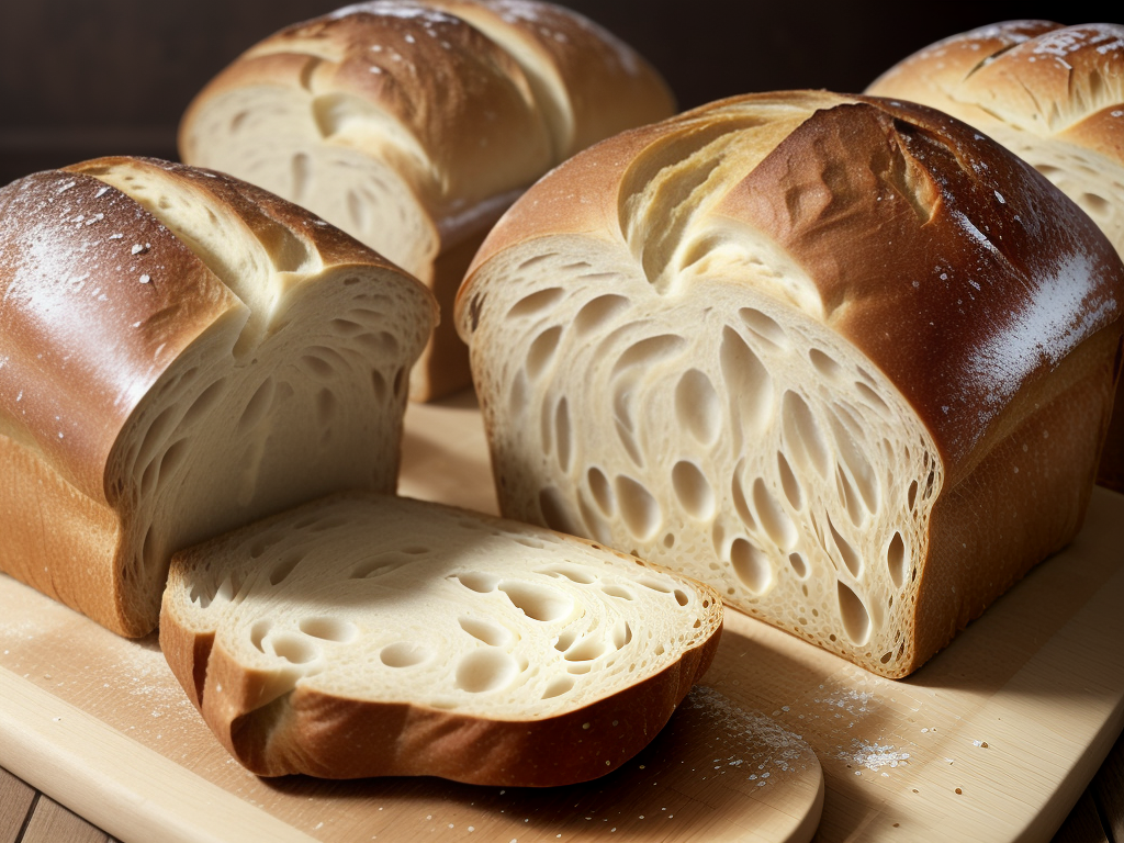 Freshly Baked Loaves of Bread Perfectly Sliced on a Wooden Cutting Board.
