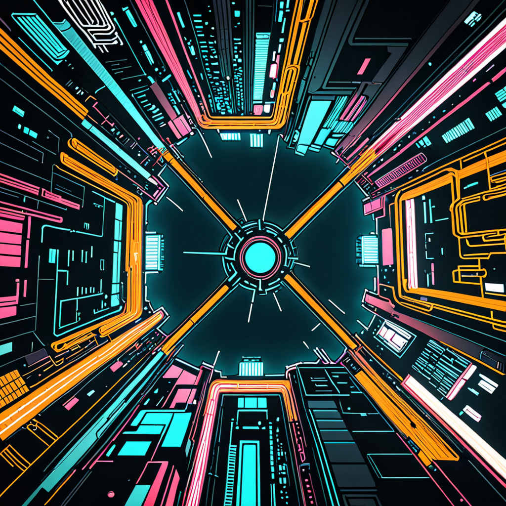 Cyberpunk cityscape top-down view with a blank in the middle 3 colors