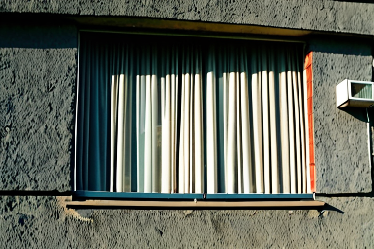 an external straight at camera shot of a residential window, shadowy ...