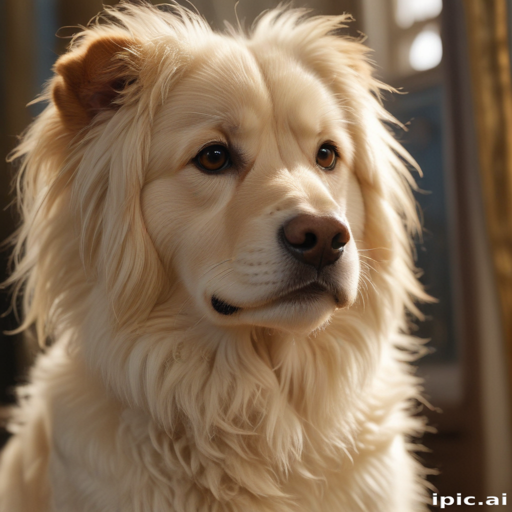 A Majestic Golden Dog with Fluffy Fur Gazes Thoughtfully into the Distance.