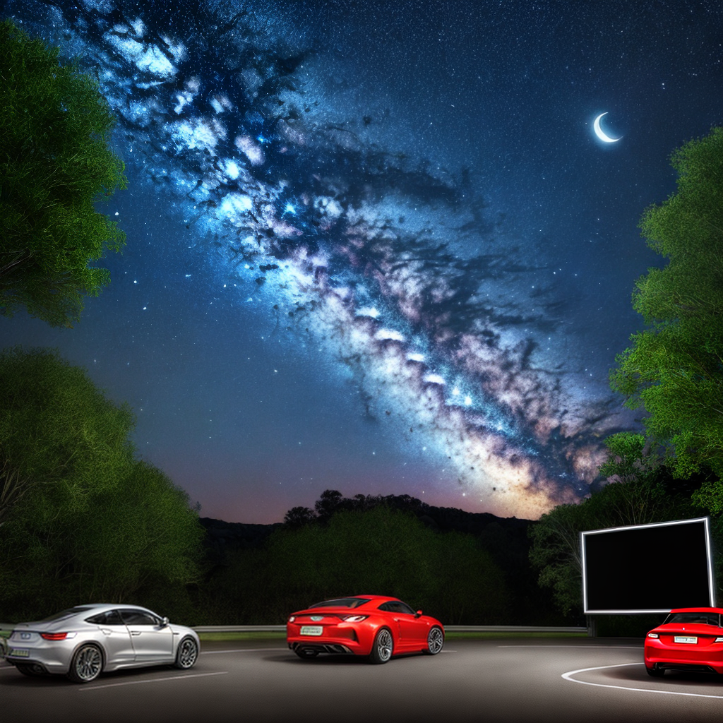 outdoor drive in screen at night with moon and stars in backgroud ...