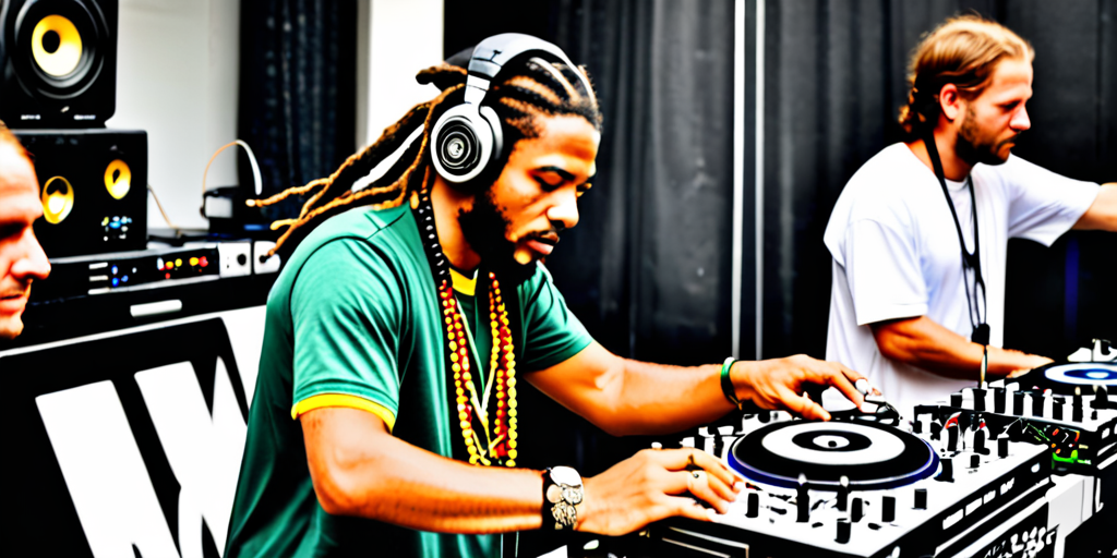 rastafarian DJ dubbing at festival huge soundsystem