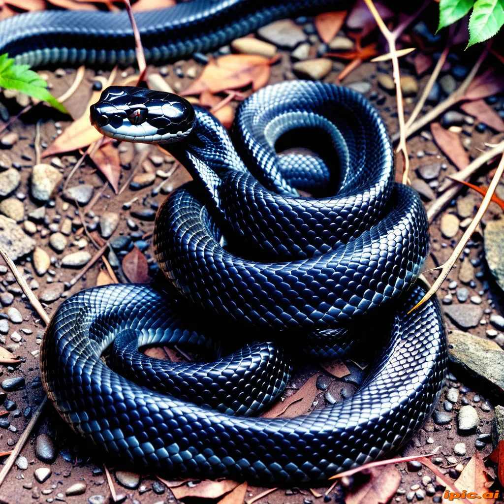 Majestic Black Snake Coiled Elegantly Among Fallen Leaves and Stones