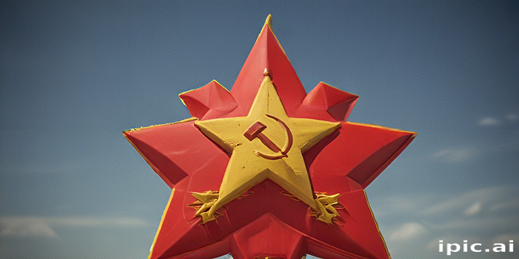 Red Star Emblem Featuring Hammer and Sickle Against a Blue Sky